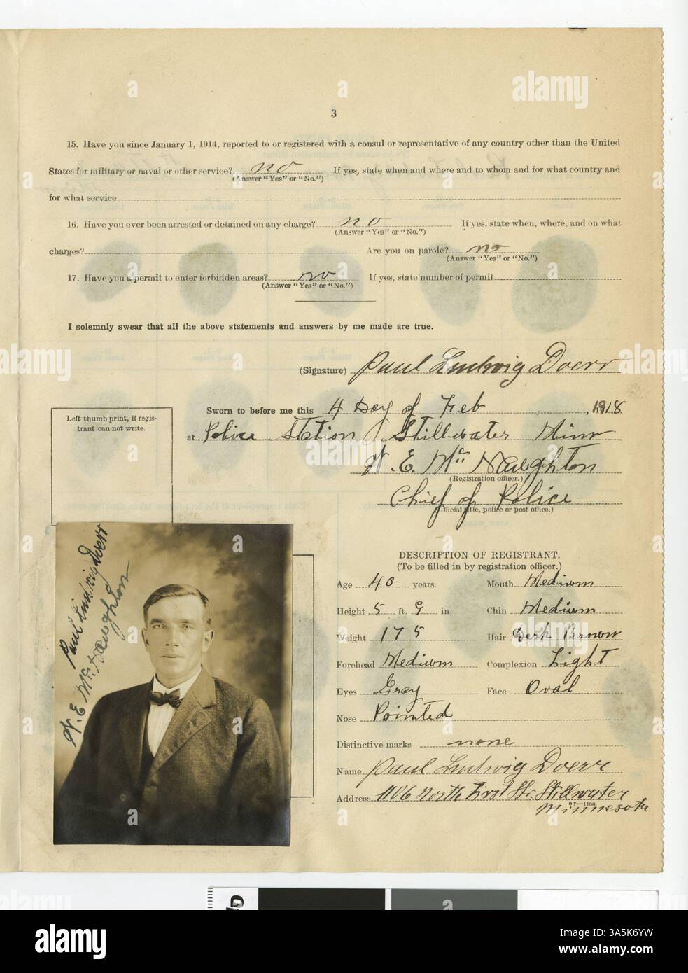 This 4-page registration affidavit for Paul Ludwig Doerr, an alien ...