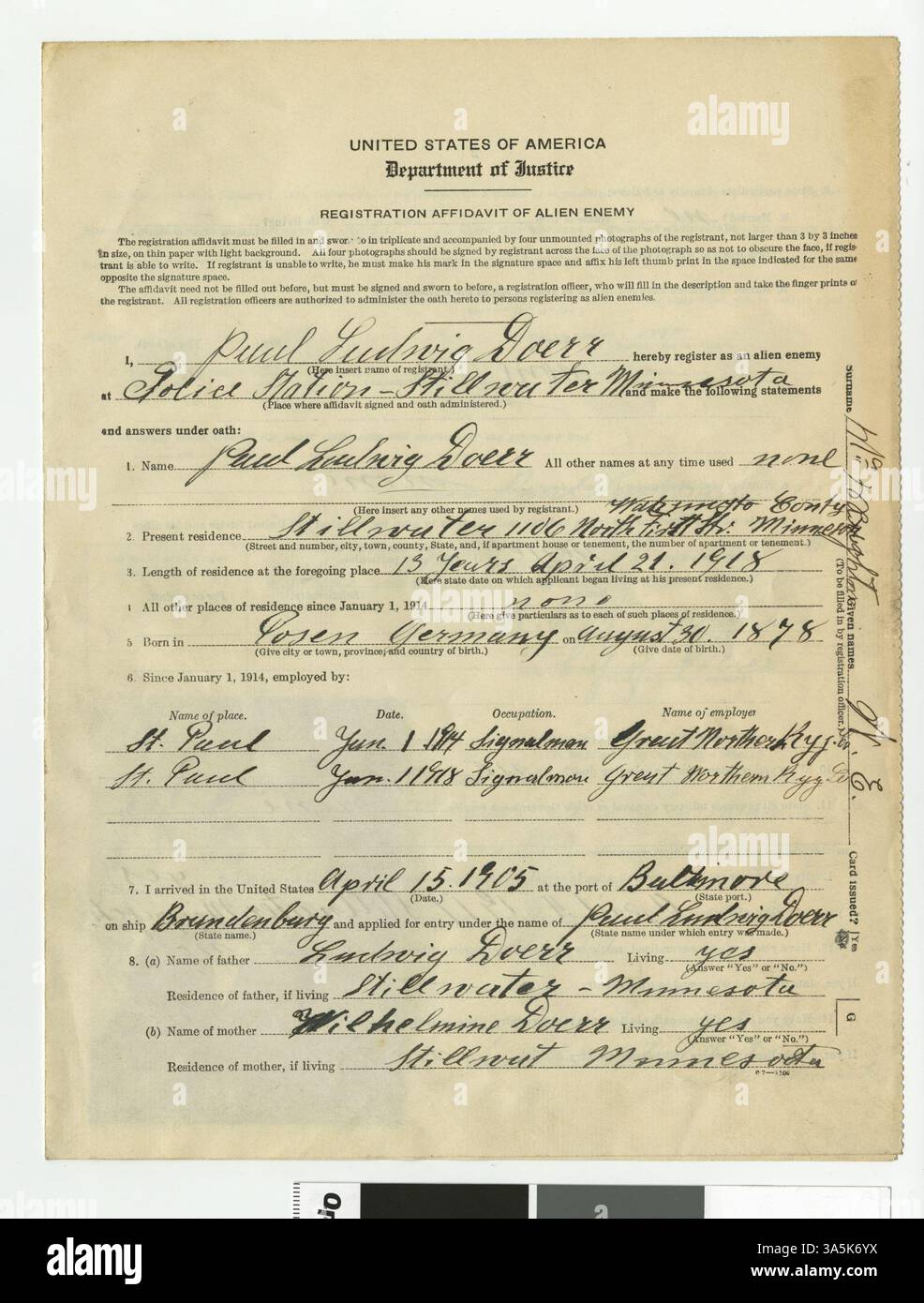 A registration affidavit for Paul Ludwig Doerr, an alien enemy, was ...