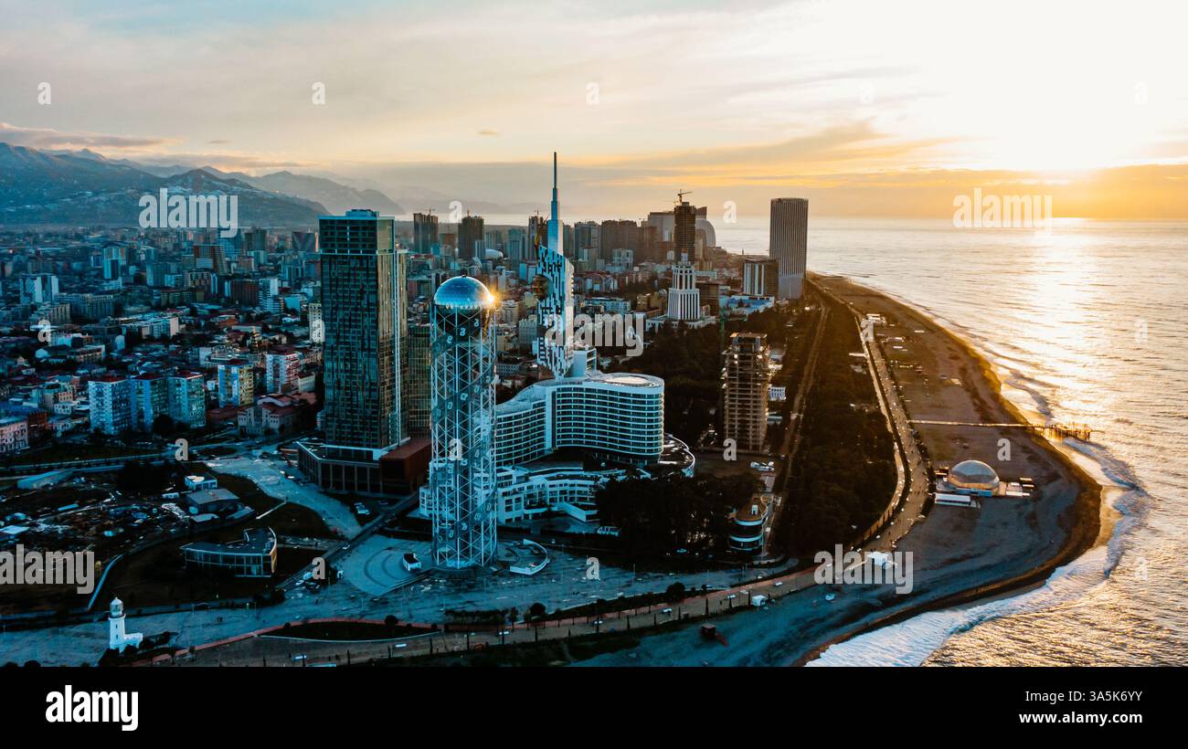 Batumi cityscape from above, revealing modern architecture, iconic alphabetic tower, coastal ...
