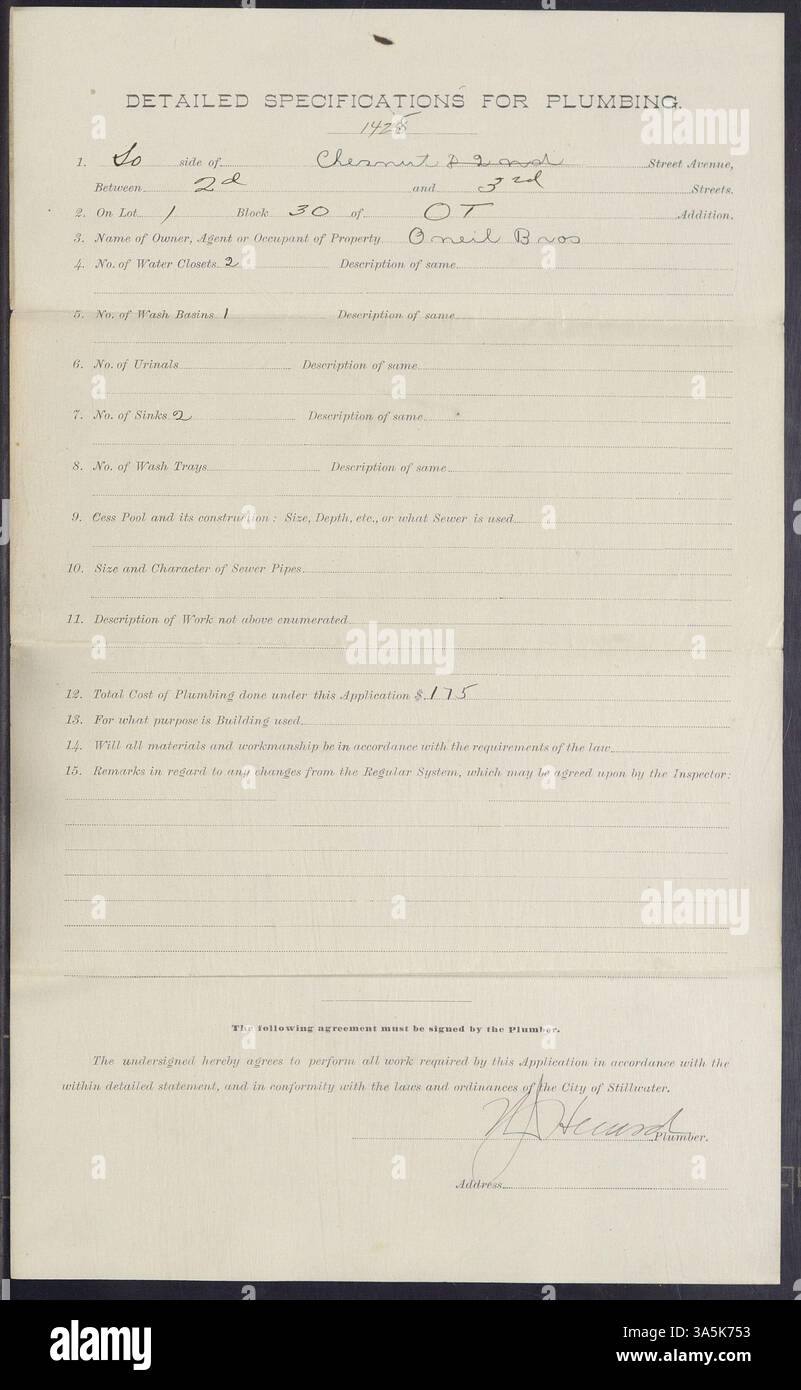 An application for a plumbing permit submitted on August 12, 1910, for ...