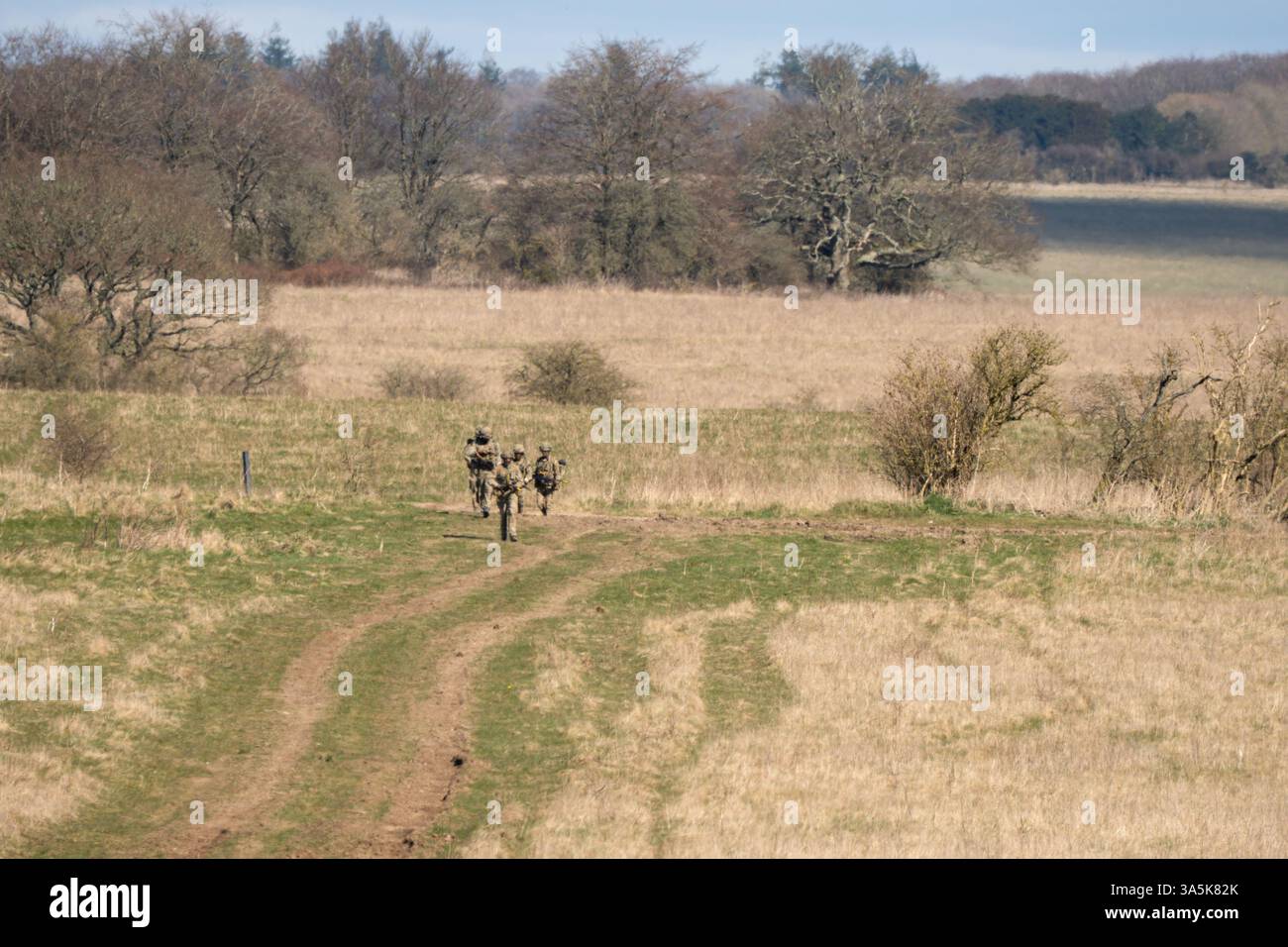 British army infantry soldiers moving across open countryside Stock ...