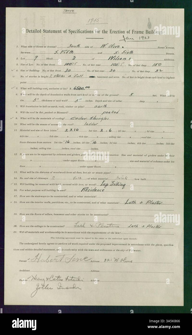 Building permit number 1945, issued in January 1923, authorized the ...