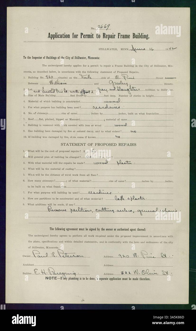 Building permit number 2669, granted on June 16, 1942, authorized ...