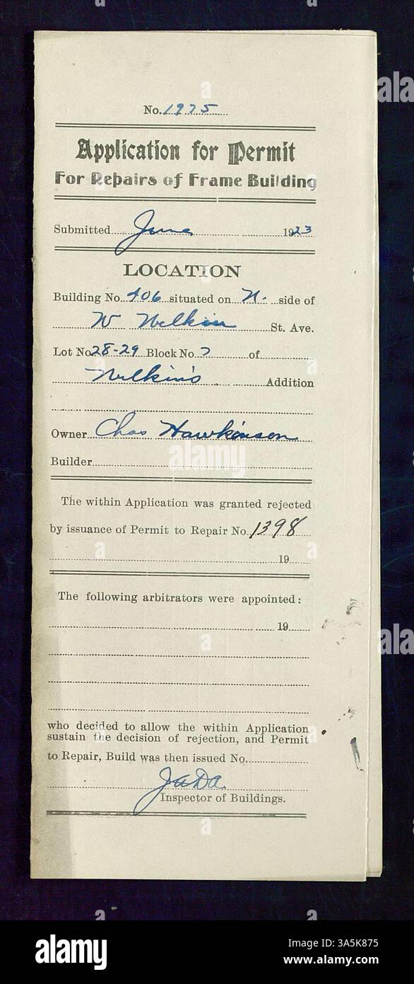 Building permit number 1975, granted in June 1923, authorized repairs ...