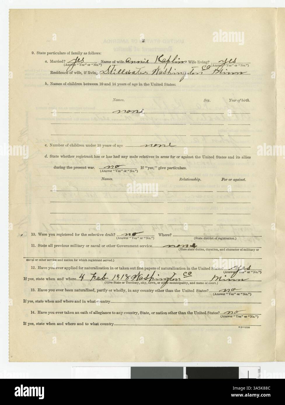 The registration affidavit of alien enemy John F. A. Kaplin was sworn ...