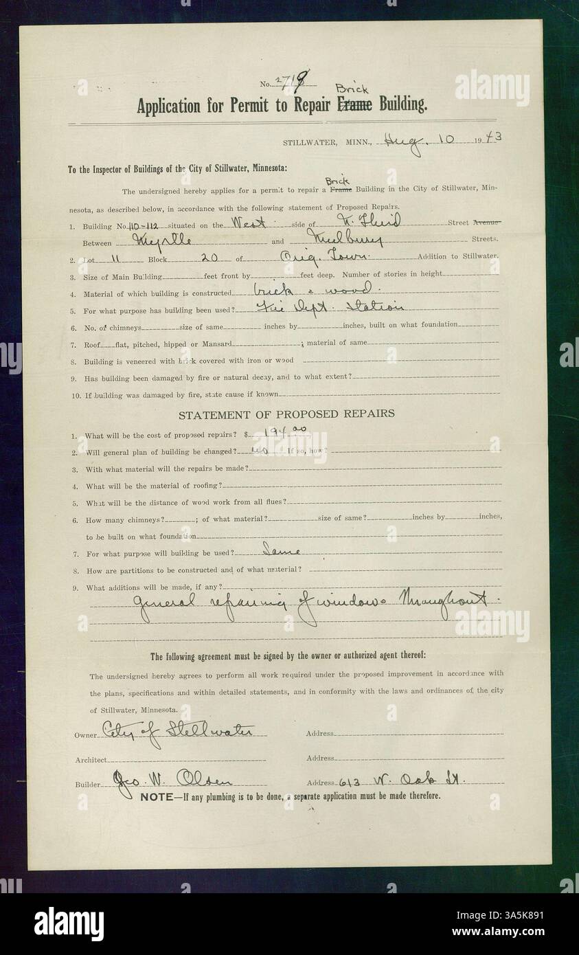 Building permit number 2719, granted on August 10, 1943, authorized ...