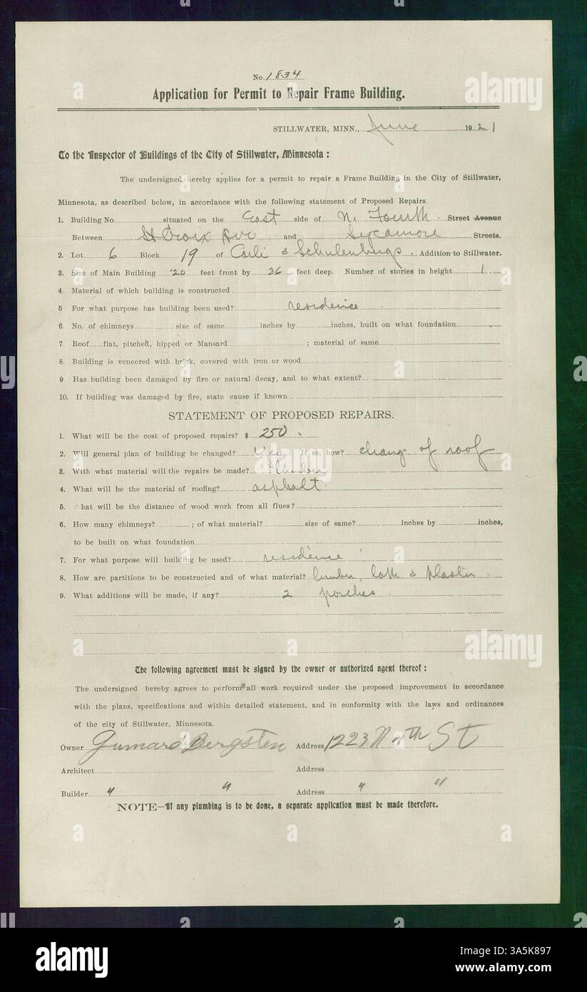 Building permit number 1834, granted in June 1921, authorized repairs ...