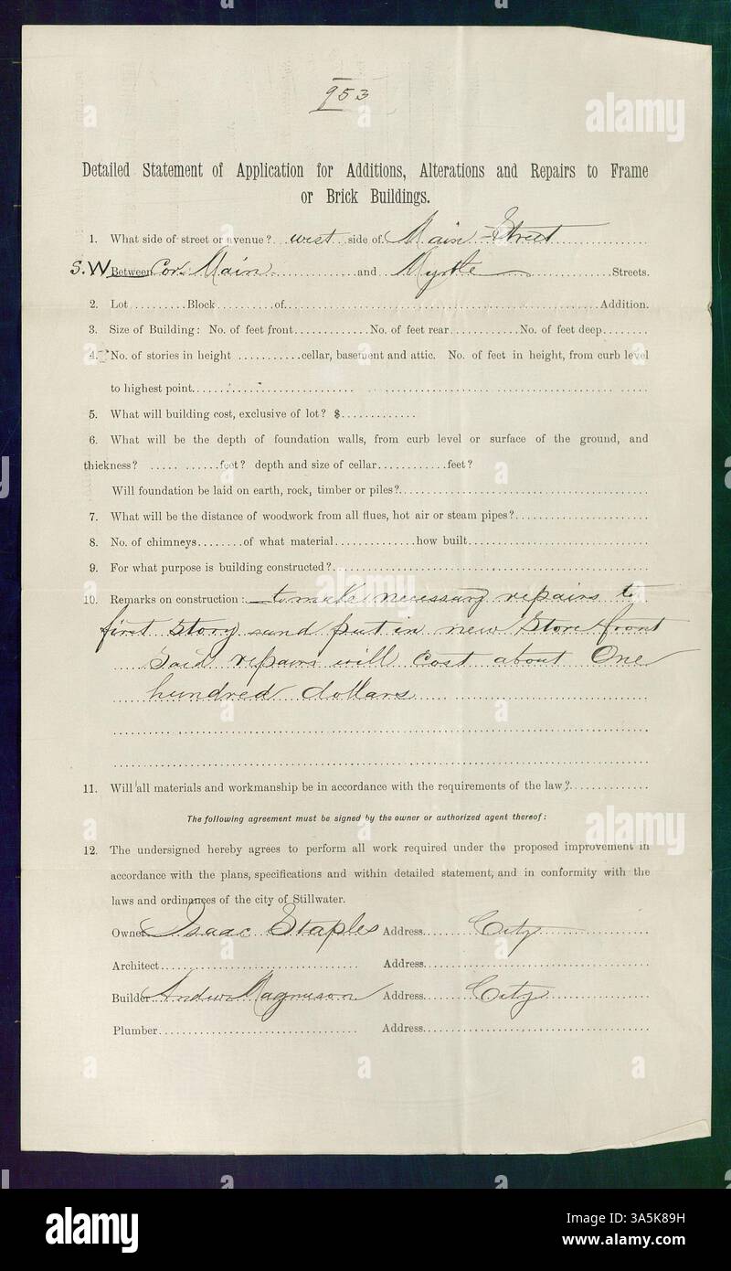 Building permit number 953, issued April 27, 1898, authorized additions ...