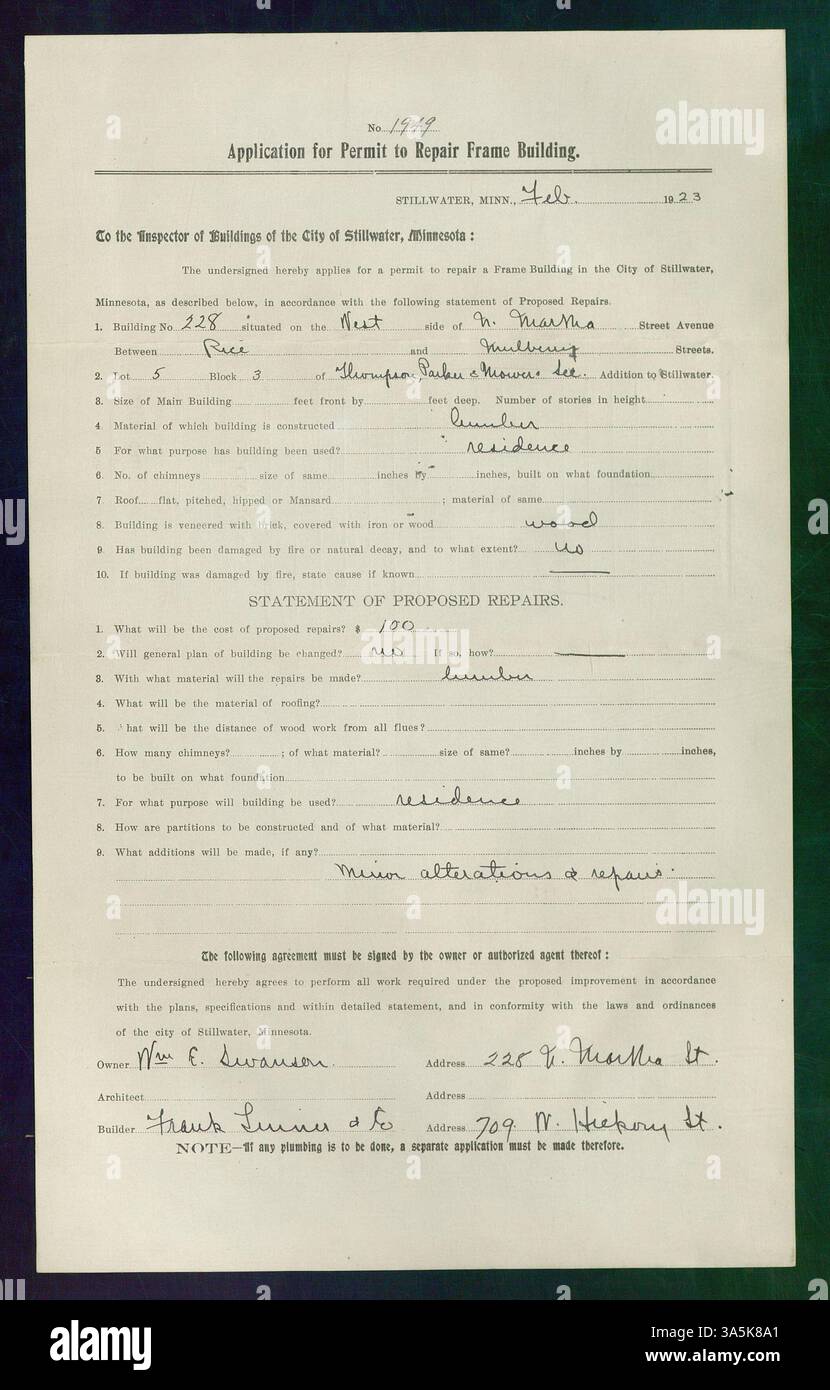 Building permit number 1949, issued in February 1923, allowed repairs ...