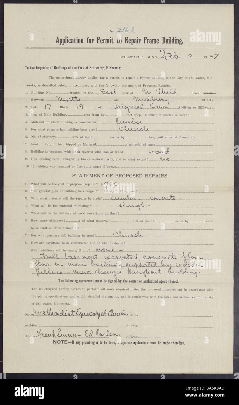 Building permit number 2163, granted on February 2, 1927, allowed ...