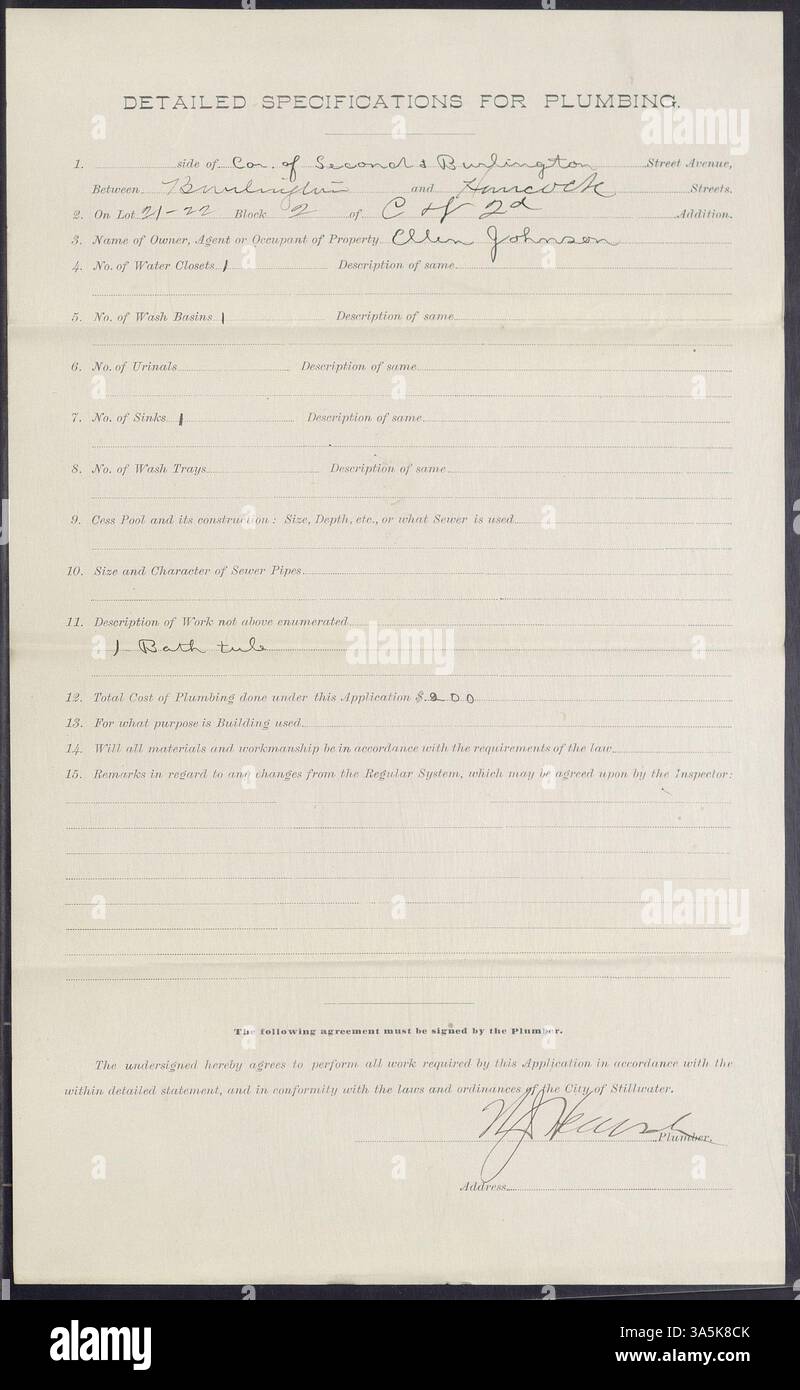 Building permit for plumbing issued in Stillwater, Minnesota, for Ellen ...