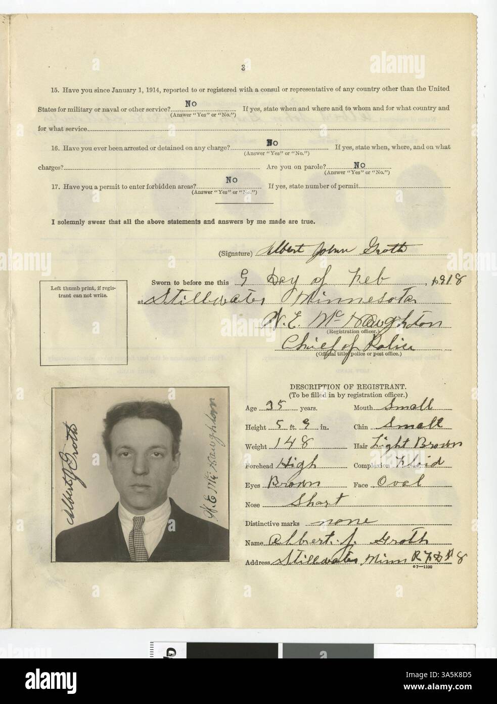 Registration affidavit of John Groth as an alien enemy, sworn to by ...