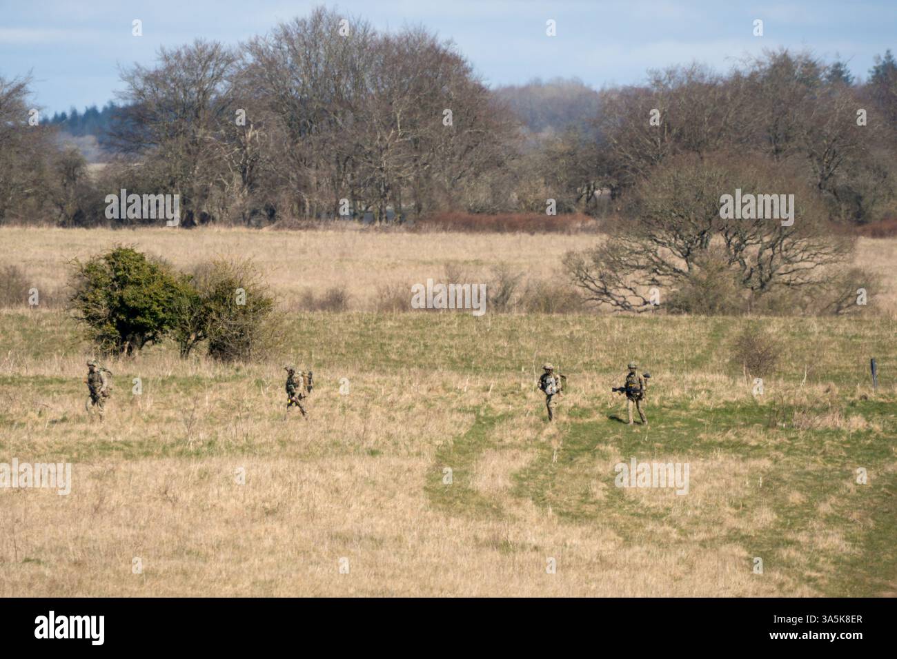 British army infantry soldiers moving across open countryside Stock ...