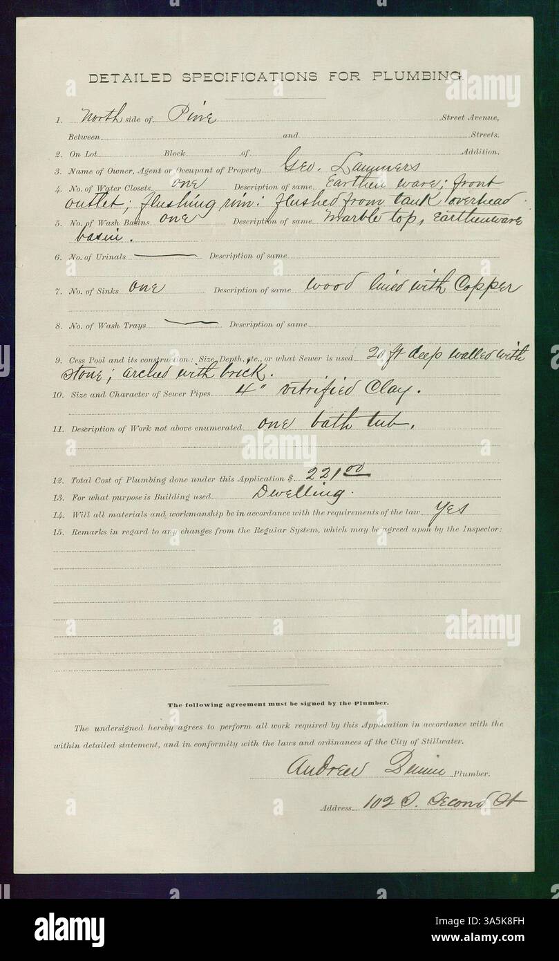 Plumbing permit for work on a property on pine street hi-res stock ...