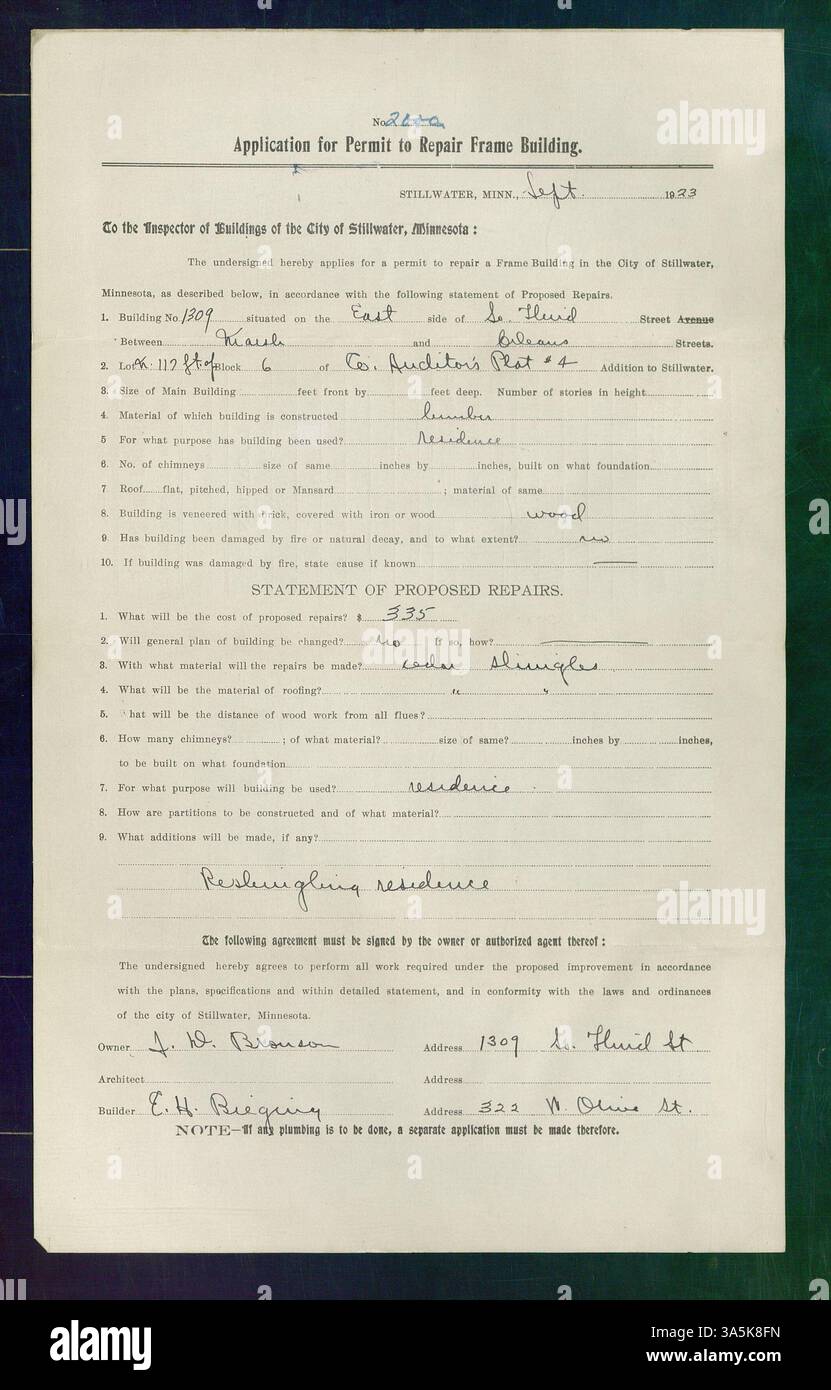 Building permit issued for repairs to a frame building at 1309 South ...