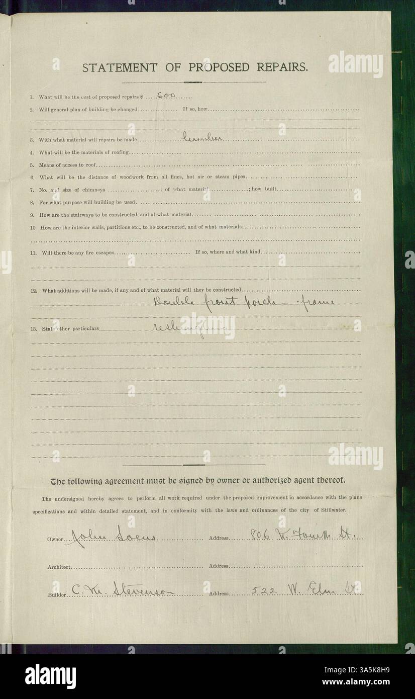 Building permit Number 2024, issued in April 1924, for repairs to a ...