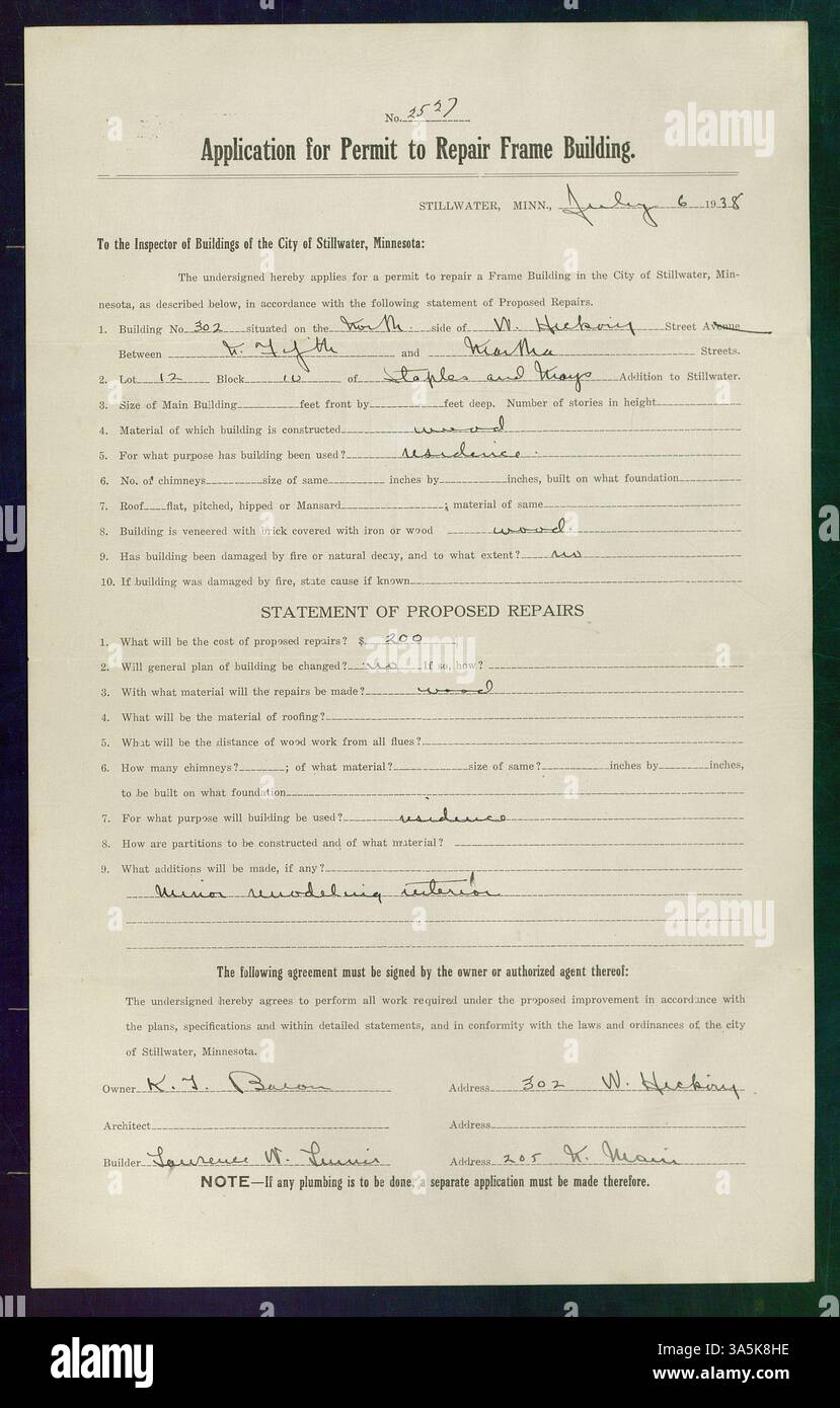 Building permit Number 2527, submitted on July 6, 1938, for repairs of ...