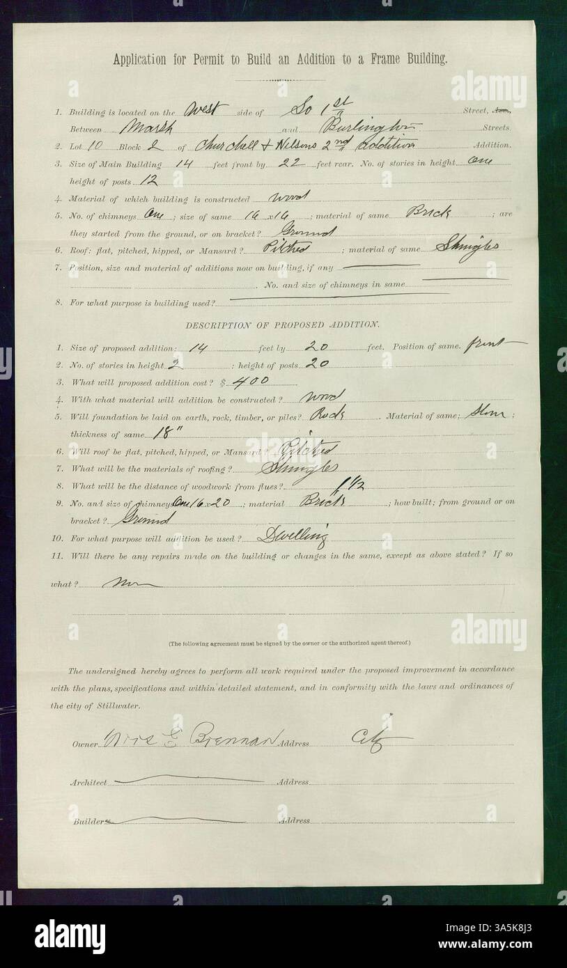 Building permit Number 402 issued on May 1, 1889, for an addition to a ...