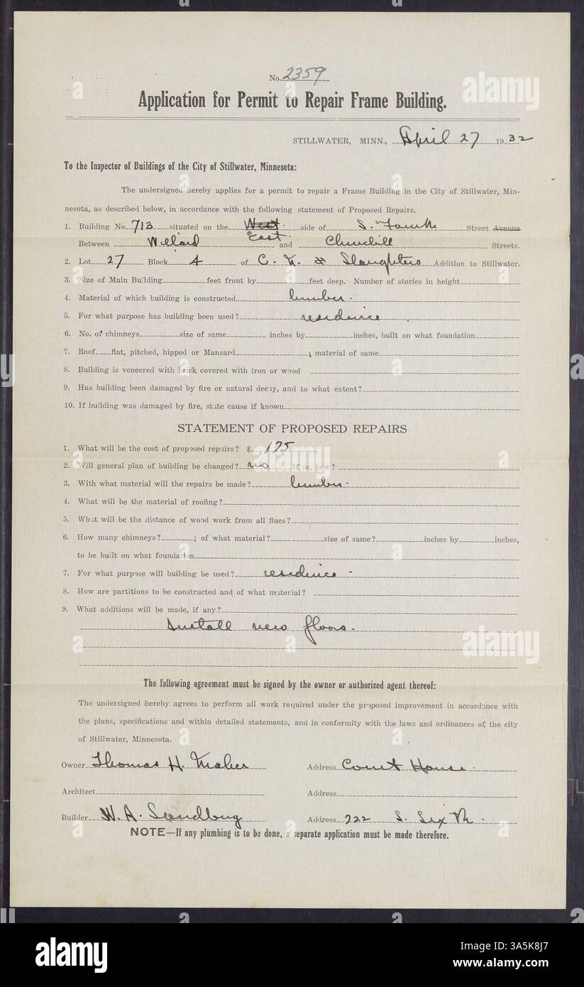 Building permit Number 2359, submitted on April 27, 1932, authorized ...