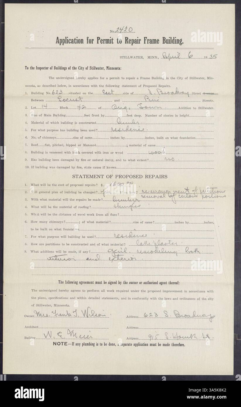 Building permit Number 2420, granted on April 6, 1935, approved repairs ...