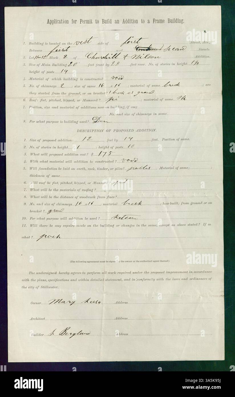 Building permit application for an addition to a frame building hi-res ...