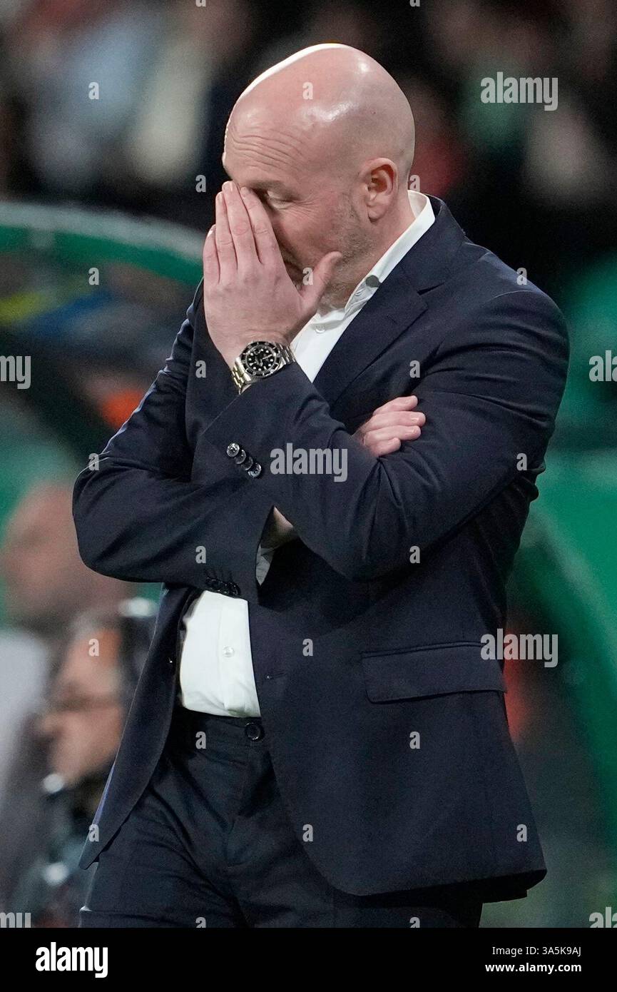 Denmark coach Brian Riemer reacts as he stands on the touchline during ...