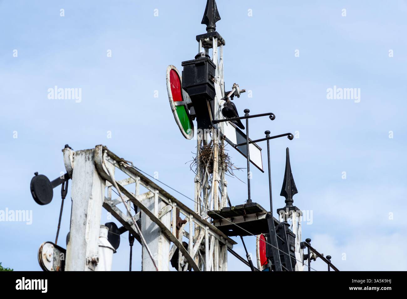 Crow nesting at railway station in semaphore signal equipment Stock ...