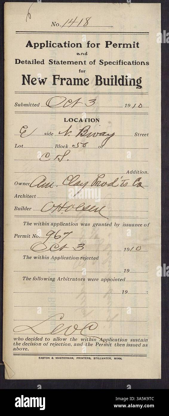 Building permit Number 1418 for a new frame building at North Broadway ...