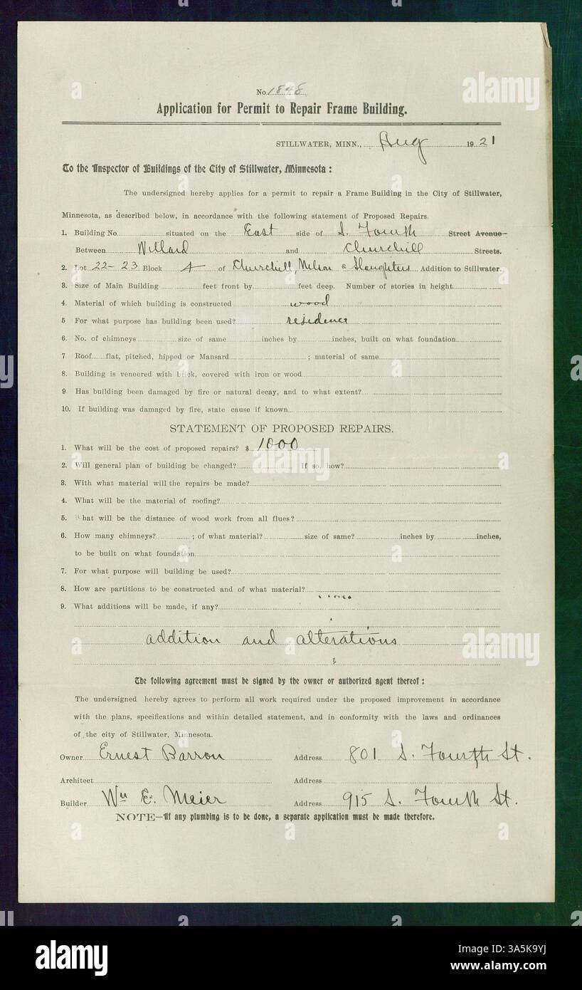 Building permit number 1848 was granted for repairs to a frame building ...