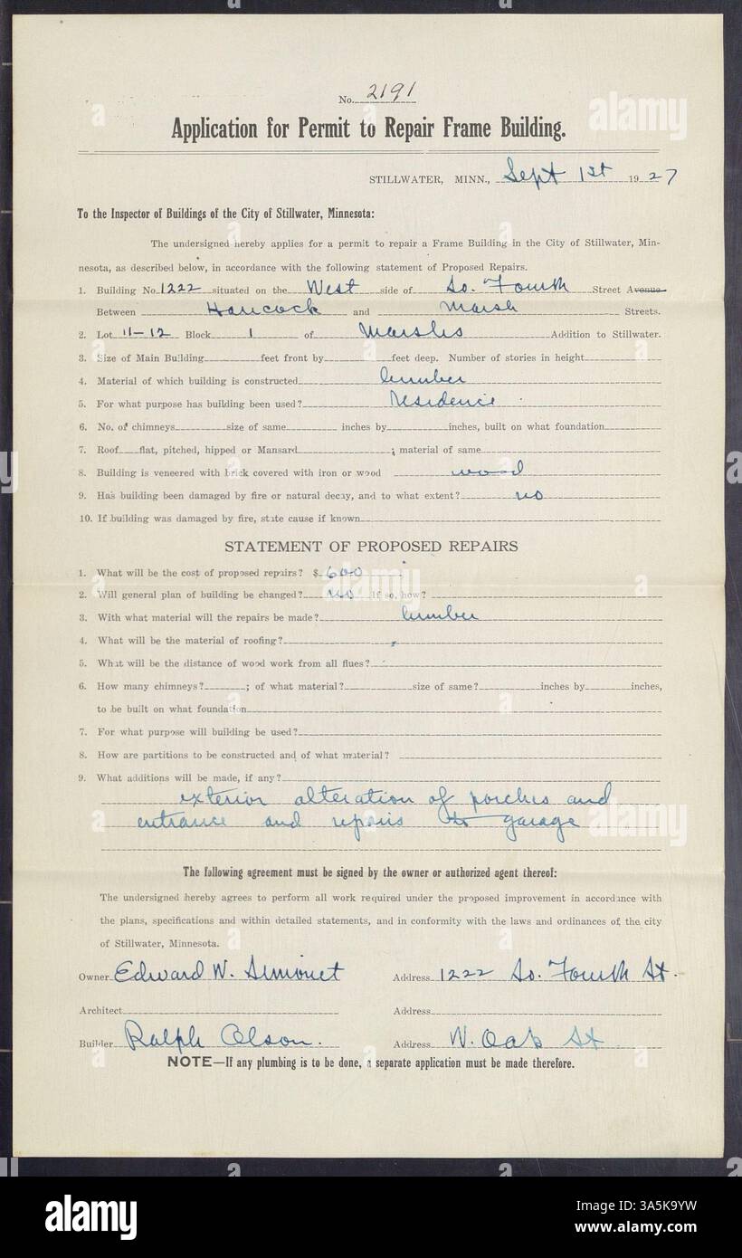 Stillwater granted building permit number 2191 on September 1, 1927 ...