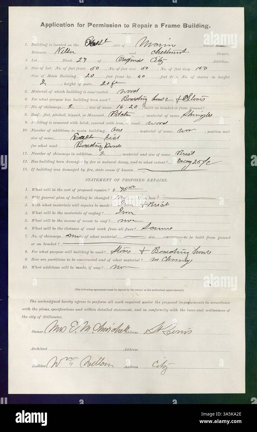 Repair permit issued for a frame building at Main Street, Lot 27, Block ...