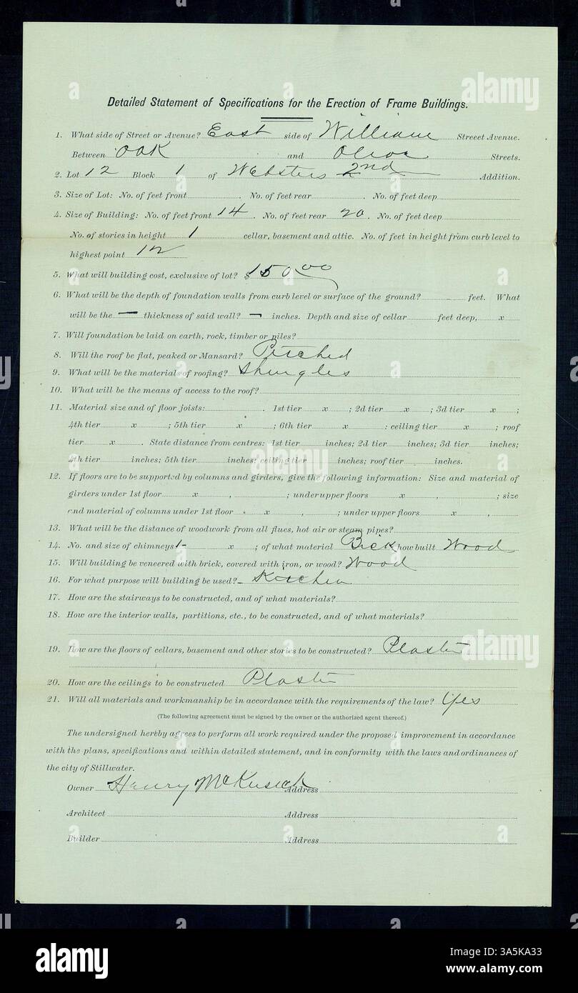 Building permit granted for a new frame building at William Street, Lot ...