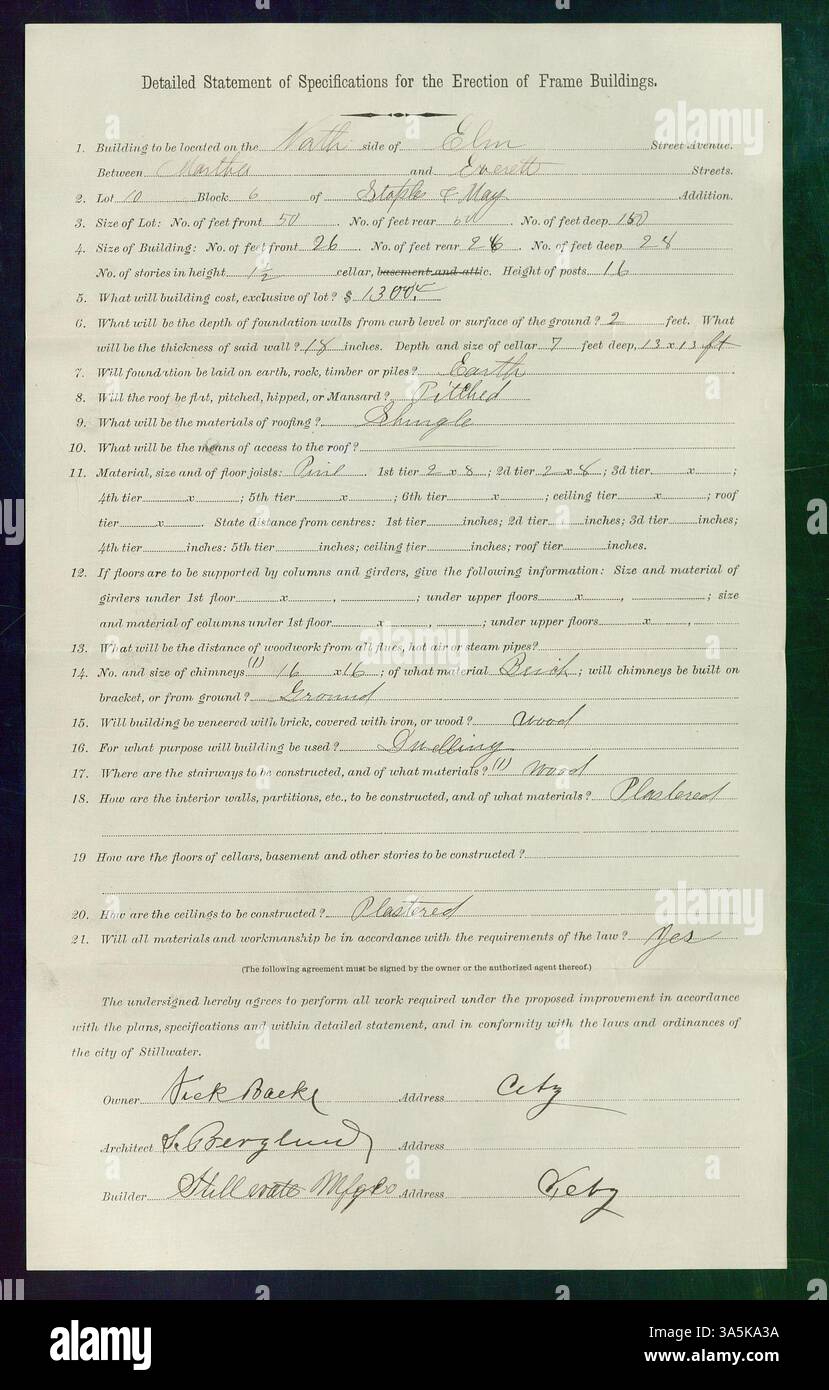 Building permit issued for a new frame building on Elm Street, Lot 10 ...