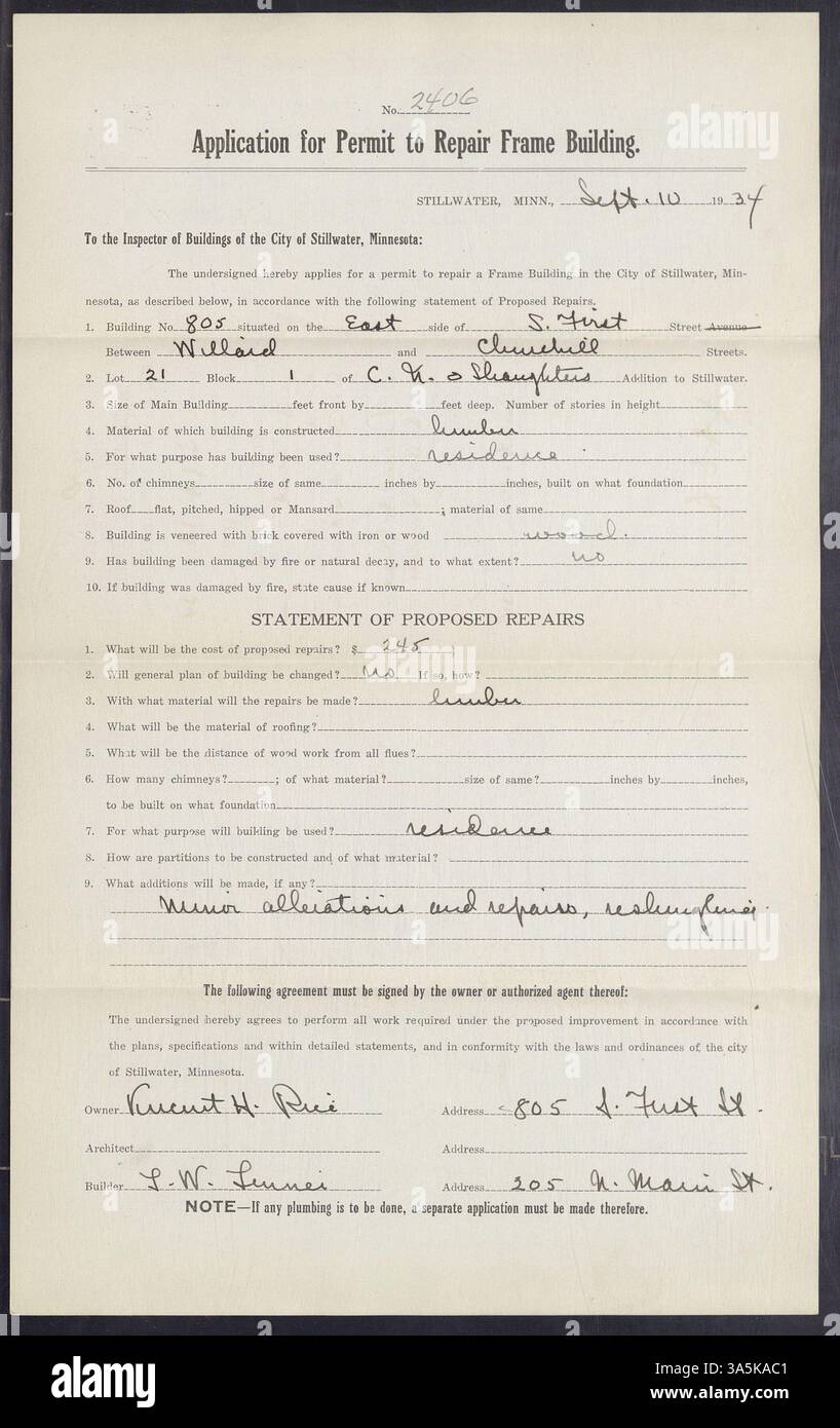 Building permit issued for repairs to a frame building in Stillwater ...