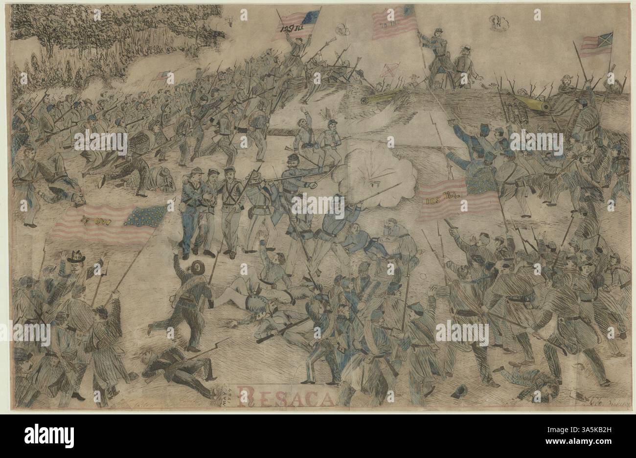 This pen and ink drawing depicts the Battle of Resaca, a significant ...