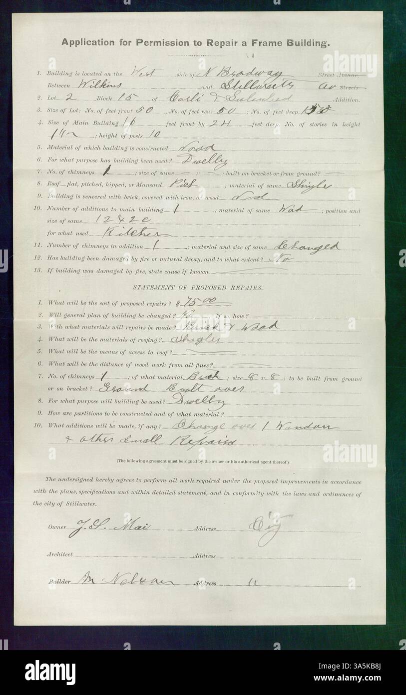 Building permit for repairs to a frame building located on North ...