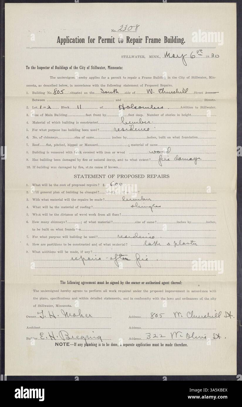 This permit application, Number 2308, was submitted for repairs to a ...