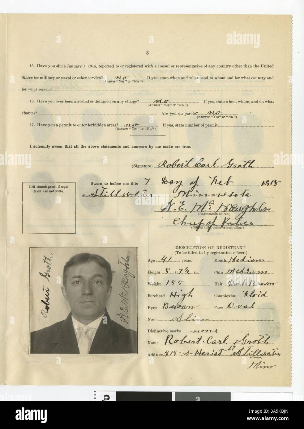 Registration affidavit for Robert Carl Groth, sworn to W.E. McNaughton ...