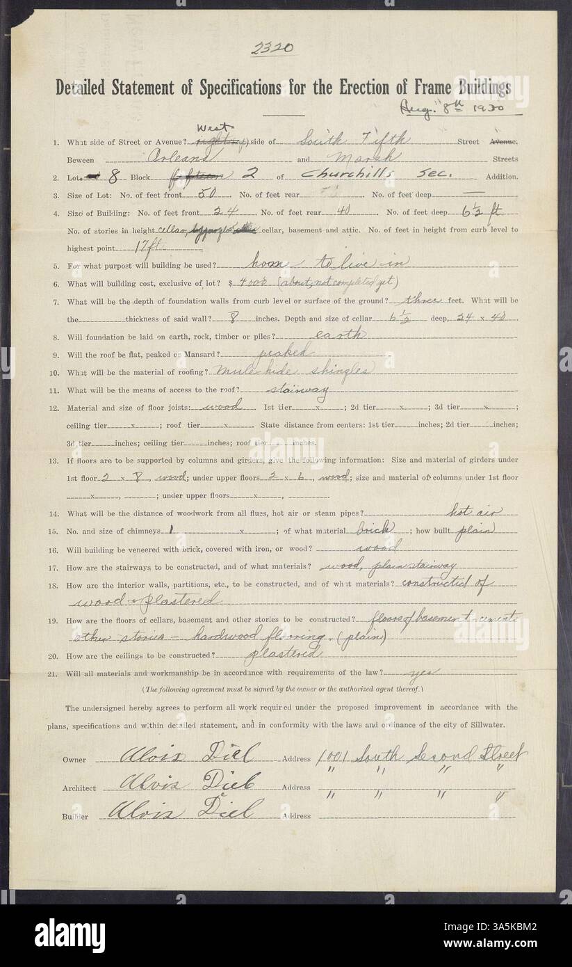 Building permit for a new frame building on South Fifth Street ...