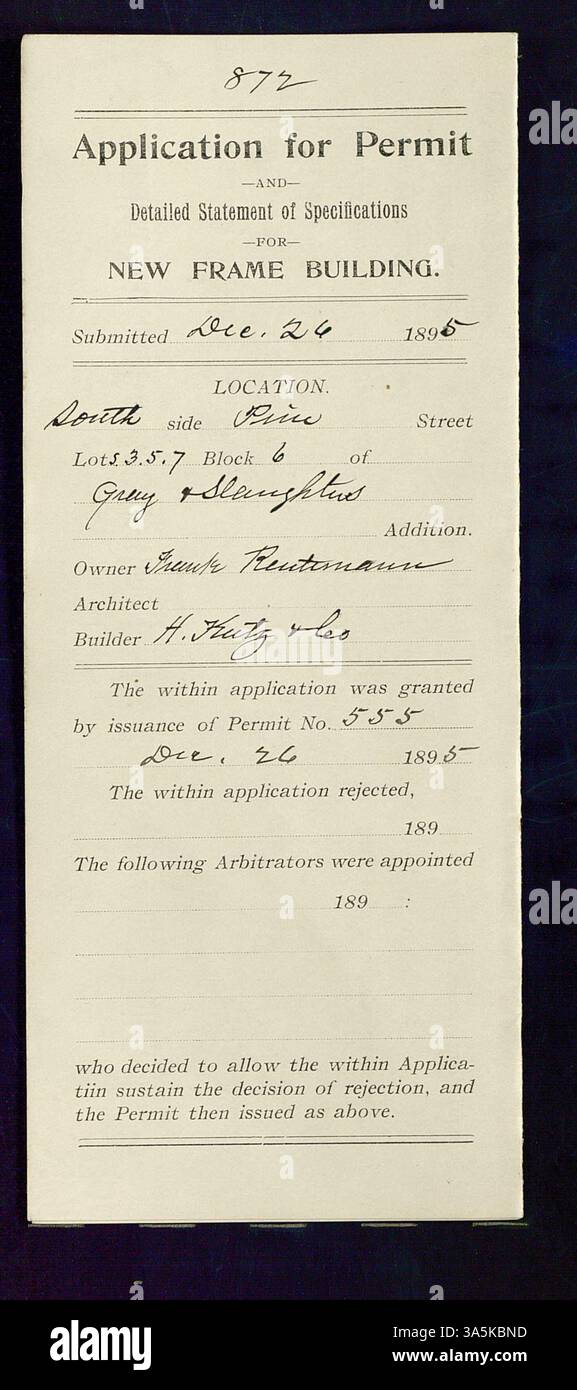 Building permit for a new frame building on pine street hi-res stock ...
