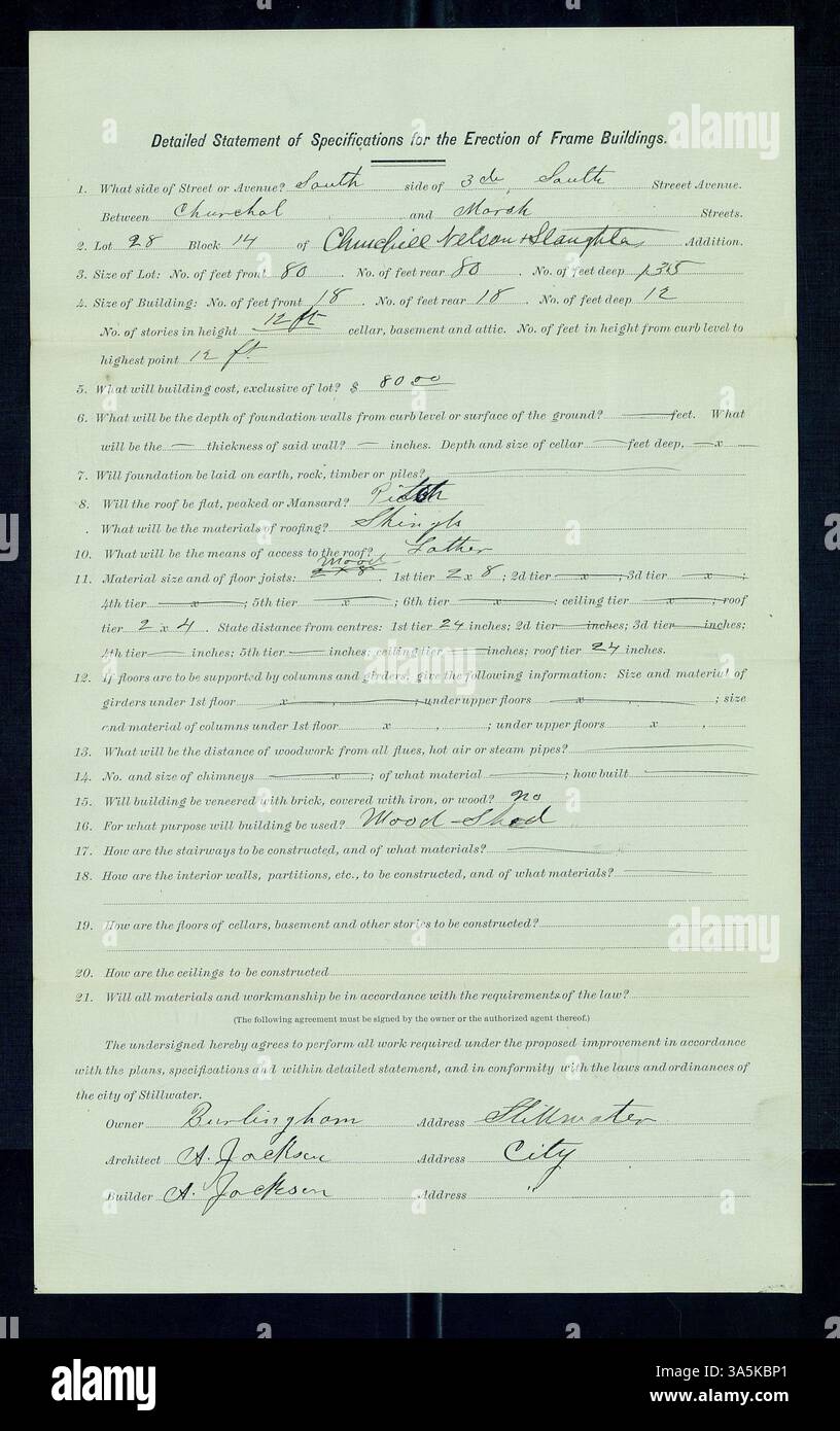 Building permit for a new frame building on Churchill Street ...