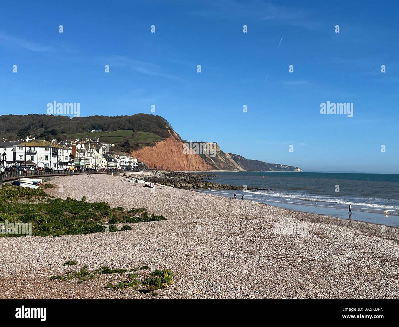 Sidmouth's pebbly beach with red cliffs behind in Devon Stock Photo - Alamy