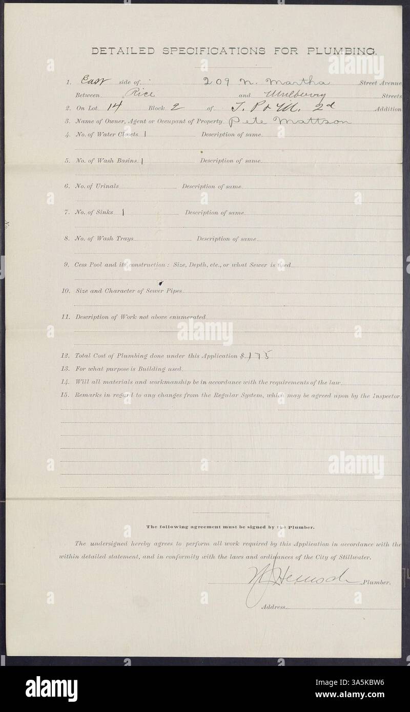 This application for a plumbing permit, submitted in 1910, includes a ...