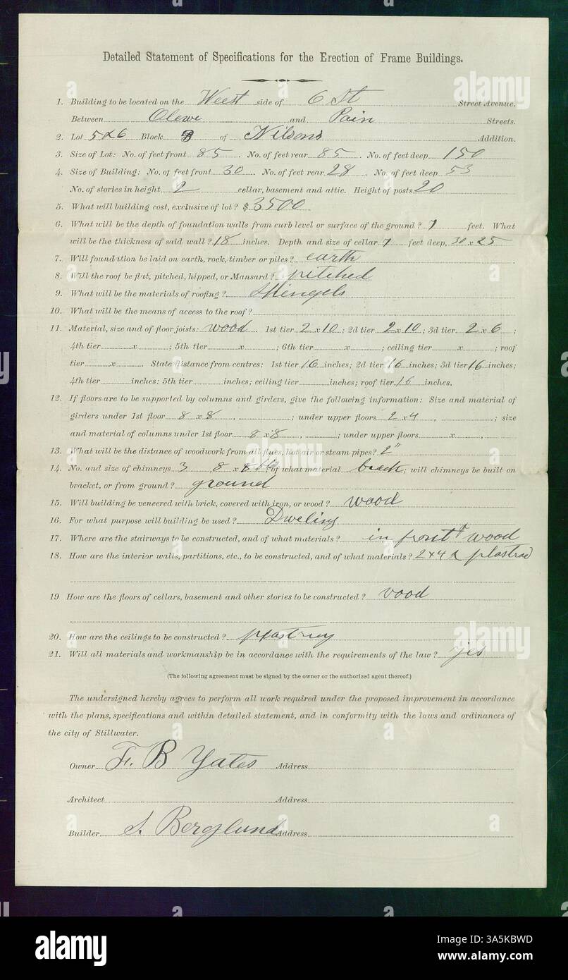 This 1889 permit application details the construction of a new frame ...