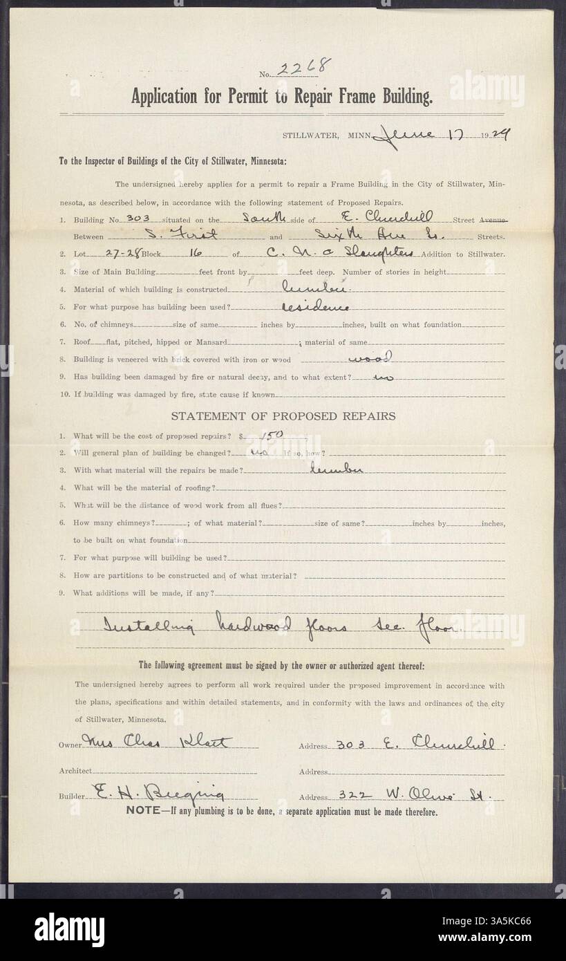 Permit number 2268 was issued for repairs to a frame building in ...