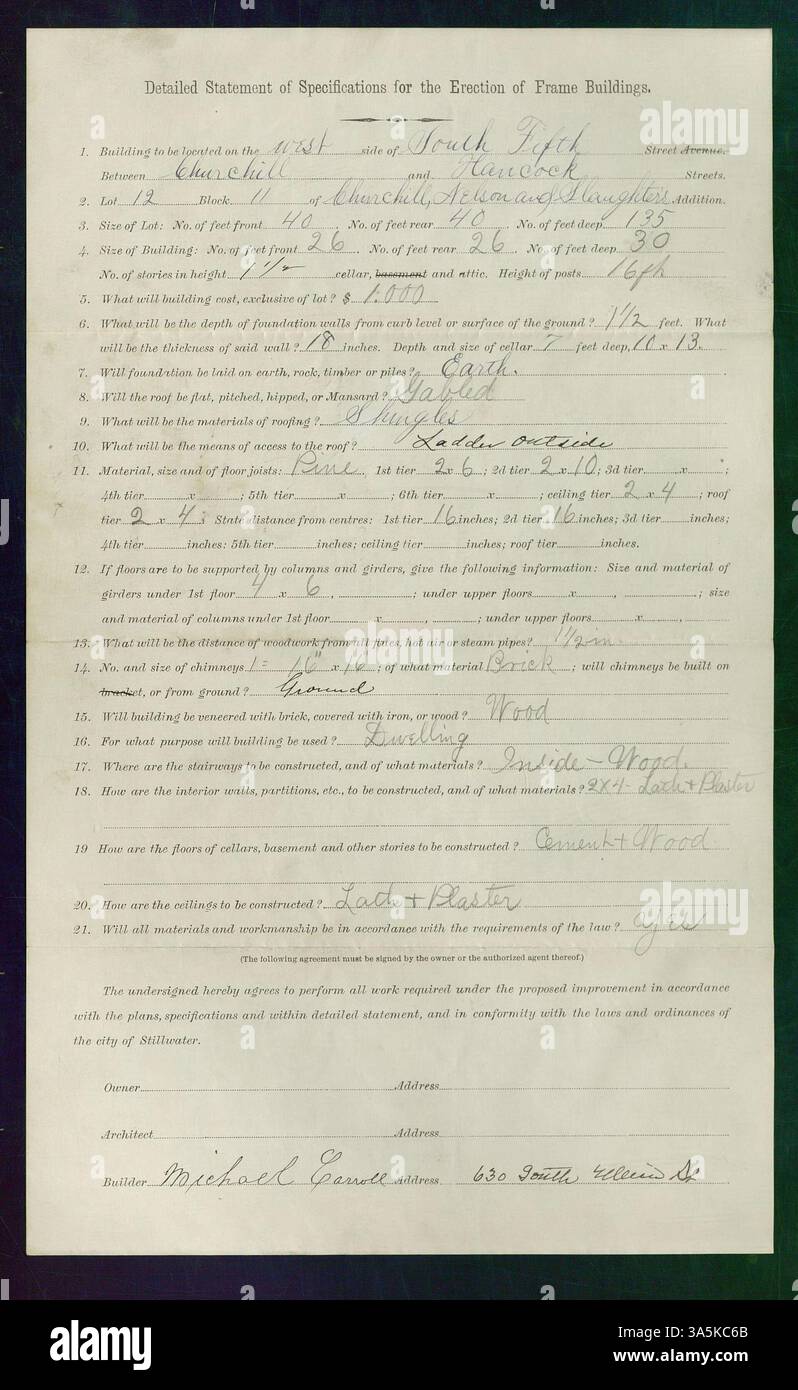 Building permit number 818 for a new frame building at 12 South Fifth ...