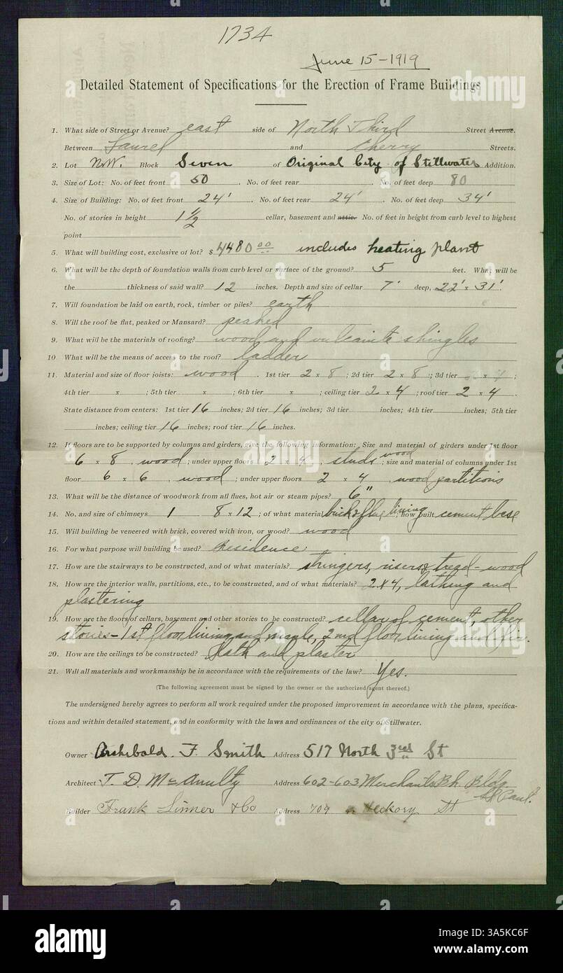 Building permit number 1734 for a new frame building at North Third ...