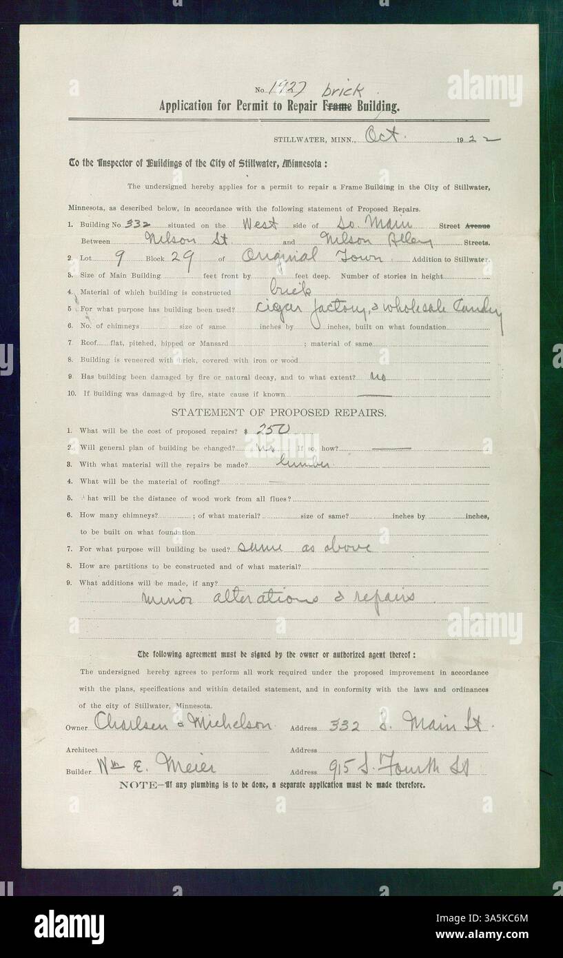 Building permit number 1927 for repairs to a frame building located at ...