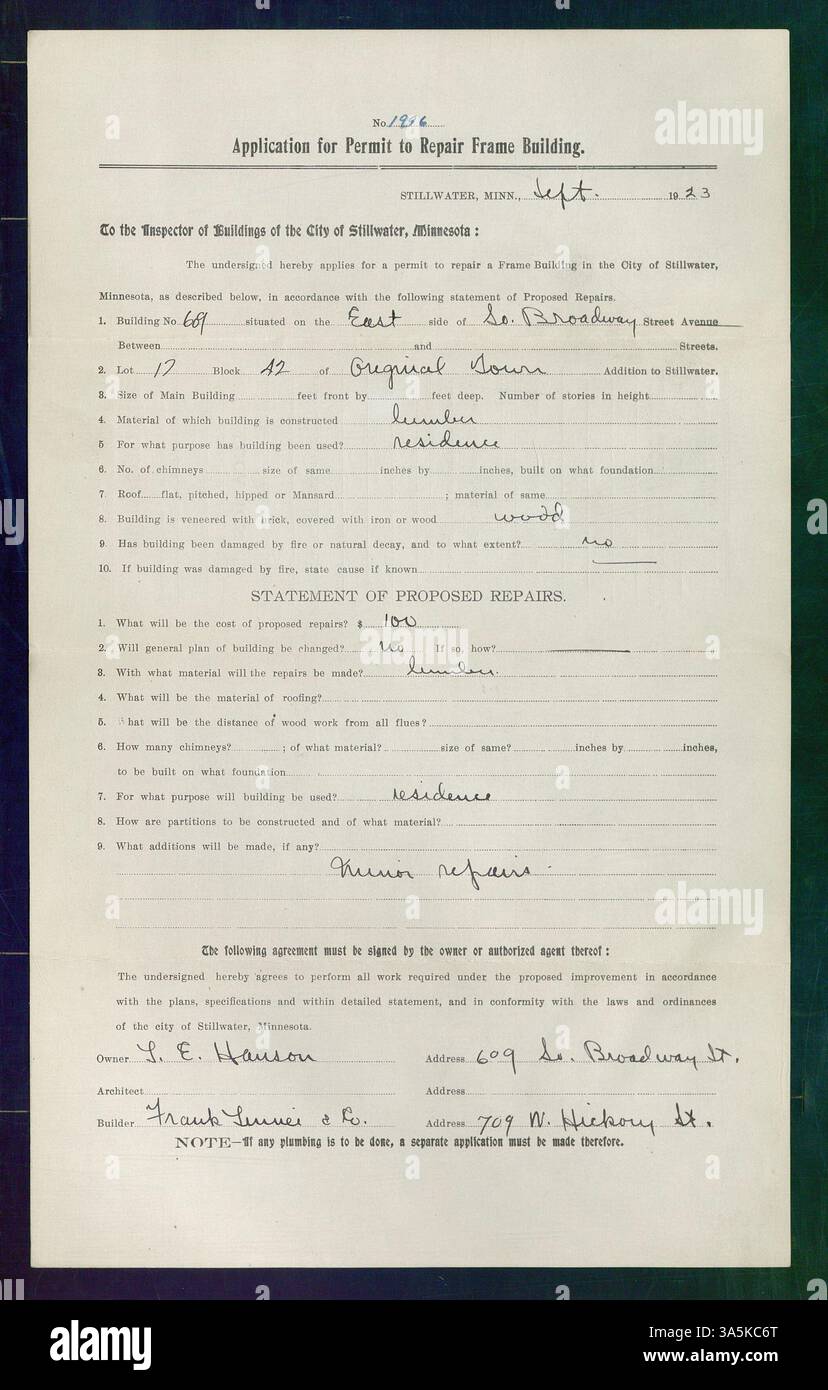 Building permit number 1996 for repairs to a frame building at South ...