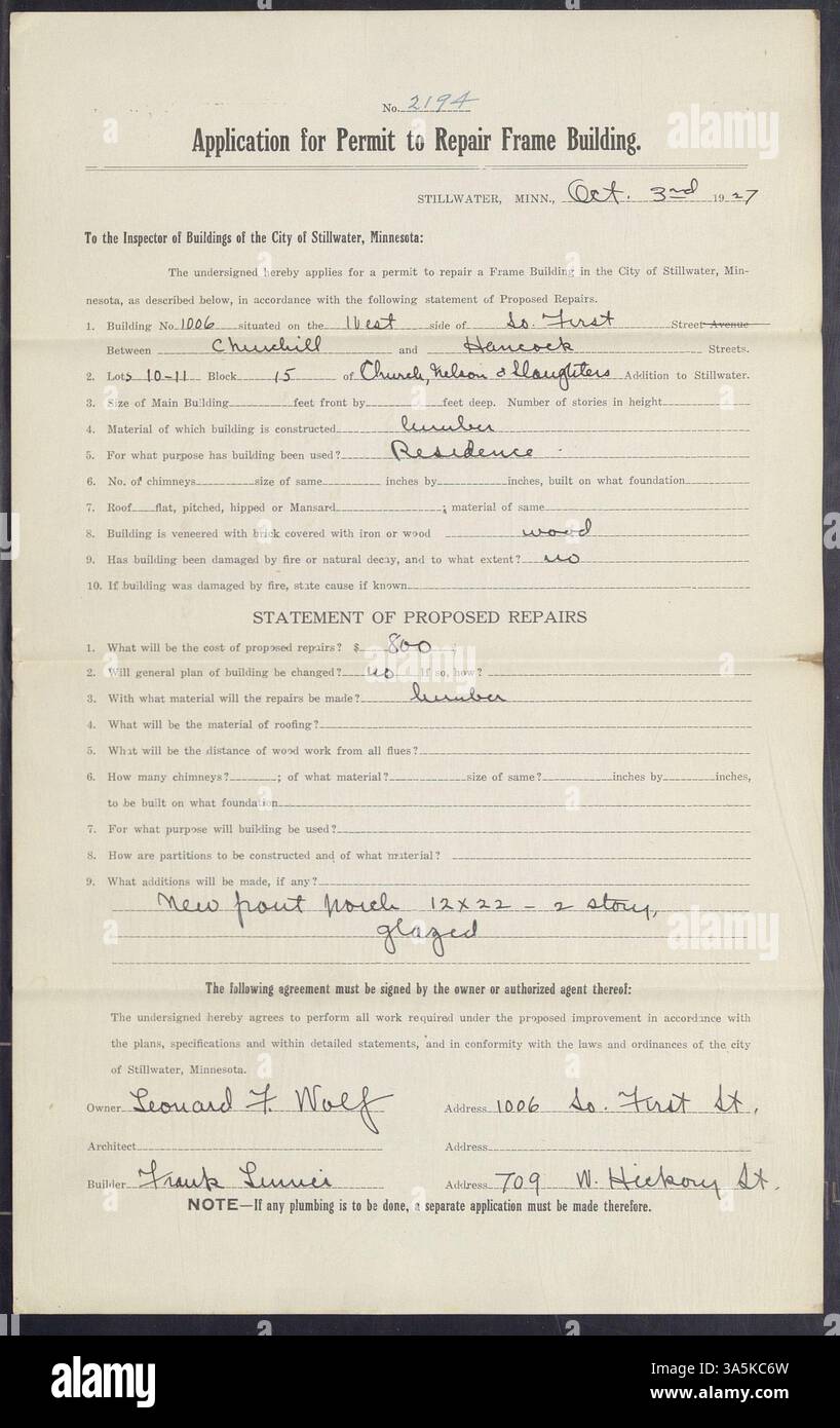 Building permit number 2194 issued on October 3, 1927, for repairs to a ...